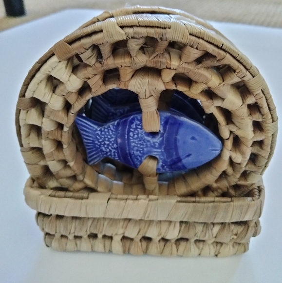 Accents | Vintage Raffia Coasters With Ceramic Fish Inserts | Poshmark